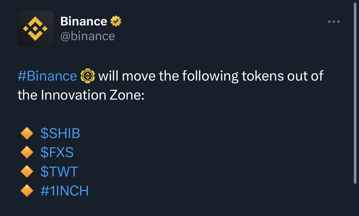 Binance, 4 Tokeni İnovasyon Bölgesinden Çıkardı!